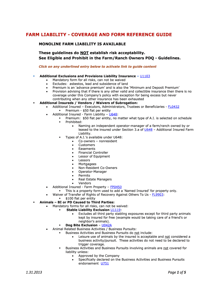 Fillable Online FARM LIABILITY - COVERAGE AND FORM REFERENCE GUIDE Fax ...