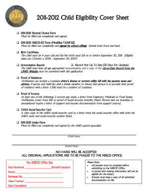 Fillable Online prekla 2011-2012 Child Eligibility Cover Sheet Fax ...