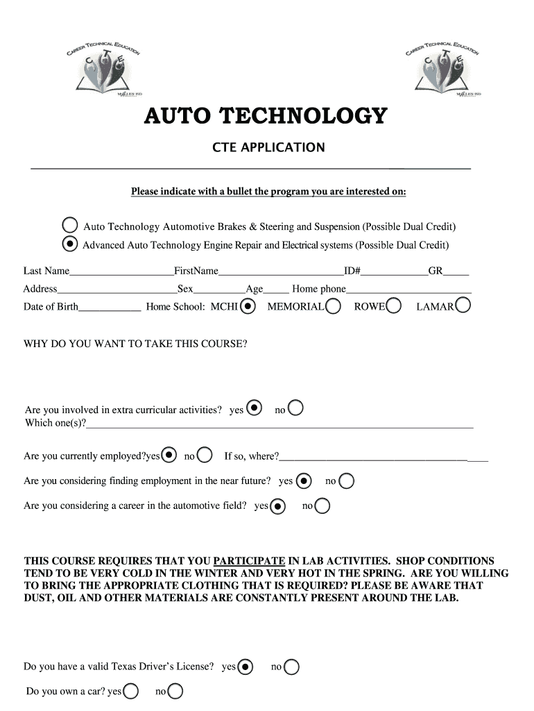 Fillable Online Auto Technology Application Form Fax Email Print ...