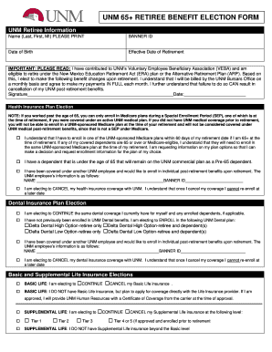 Fillable Online hr unm Retiree Benefit Election Form (Over 65) - Human ...