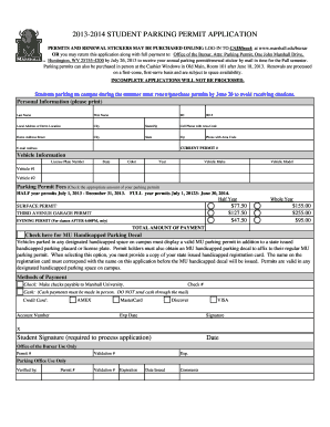 Fillable Online marshall Student Parking Permit FY14 Fax Email Print ...