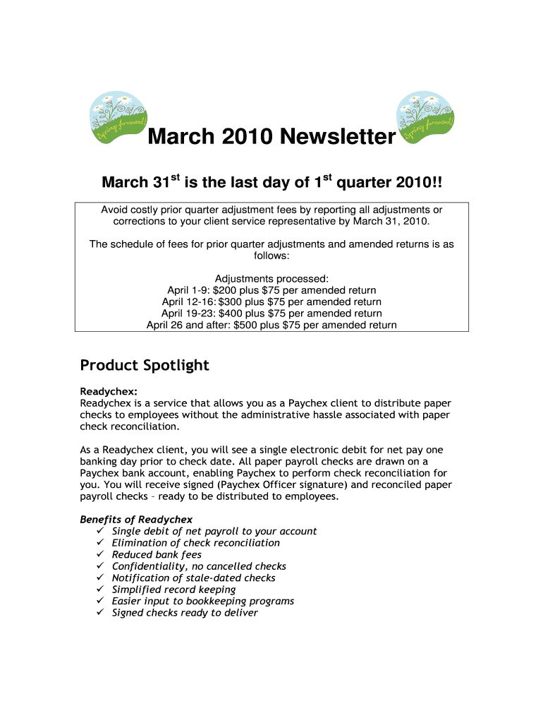 Fillable Online March 31st is the last day of 1st quarter 2010 Fax ...