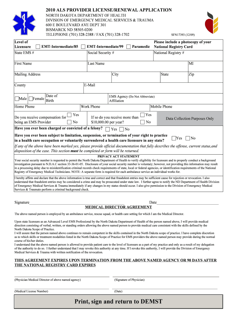 Fillable Online ndhealth 2010 ALS PROVIDER LICENSE/RENEWAL APPLICATION ...