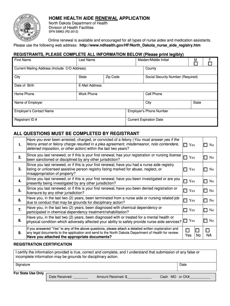 Fillable Online ndhealth HOME HEALTH AIDE RENEWAL APPLICATION North ...