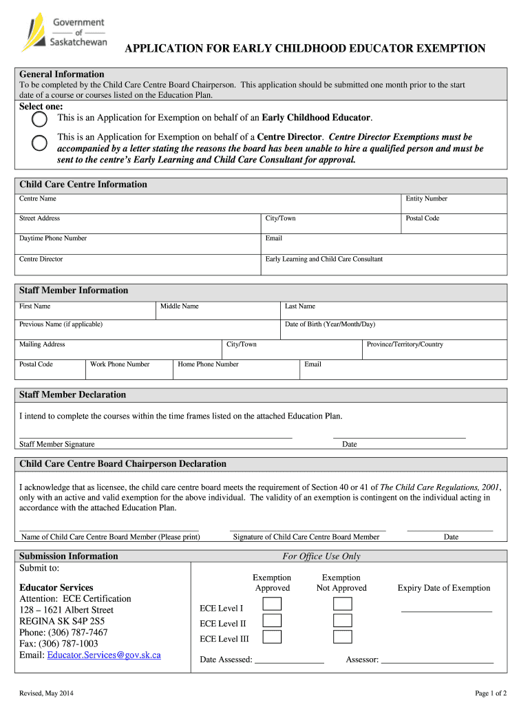 Fillable Online education gov sk Application for Early Childhood Educator Exemption - Education ...