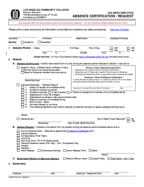 Fillable Online laccd TH ABSENCE CERTIFICATION REQUEST OS MPLOYEE IP ...