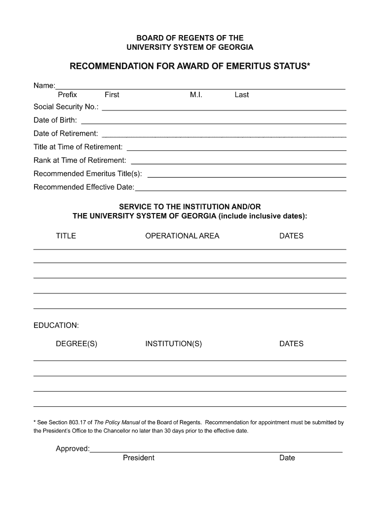 Fillable Online caes uga Recommendation for Award of Emeritus Status ...