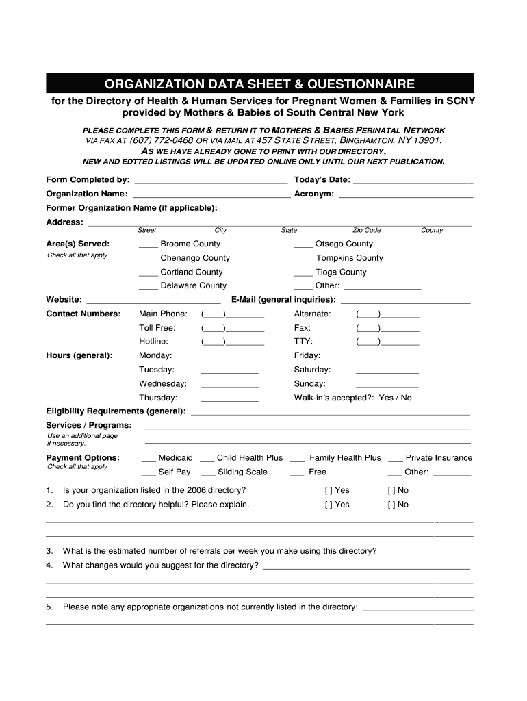 Fillable Online mothersandbabies Organization Data Sheet & Questionaire ...
