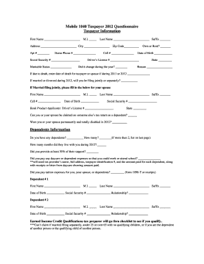 Fillable Online Mobile 1040 Taxpayer 2012 Questionnaire Fax Email Print ...