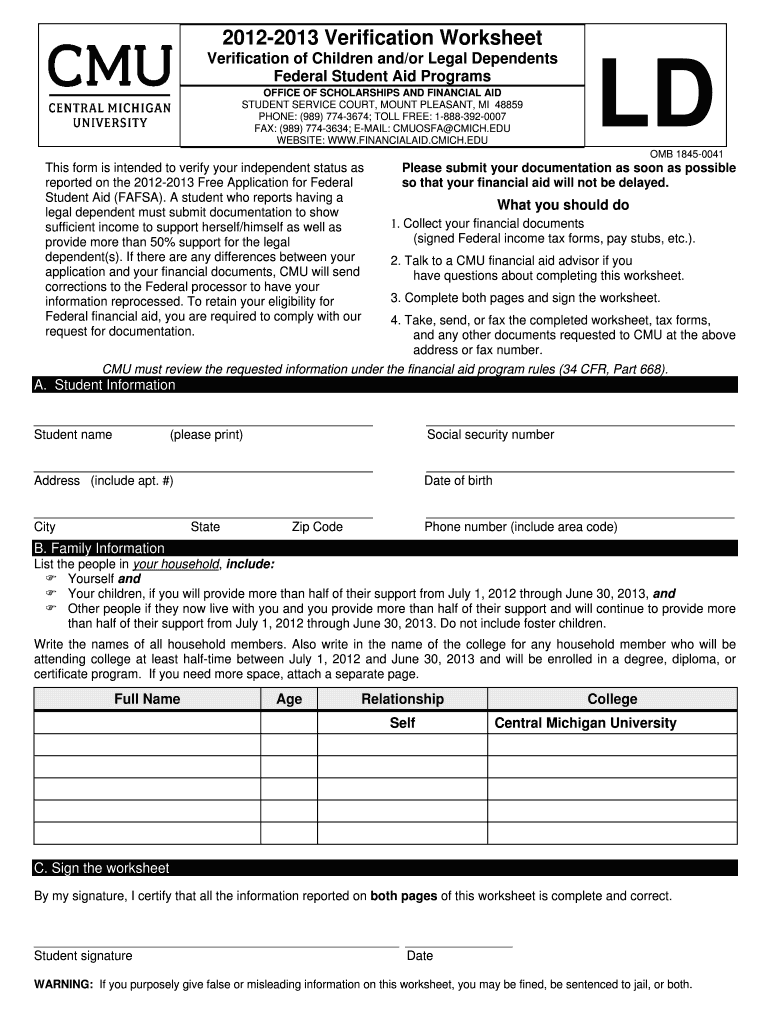 Fillable Online cmich Verification Worksheet - Independent Legal Dependents 2012-2013 Fax Email ...