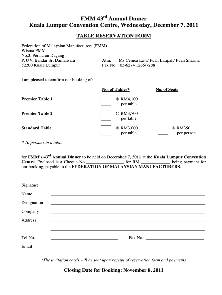 Fillable Online FMM 43rd Annual Dinner Fax Email Print - pdfFiller