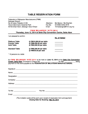 Fillable Online TABLE RESERVATION FORM Fax Email Print - pdfFiller
