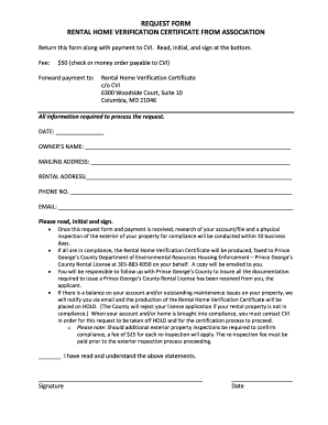 Fillable Online Request form rental home verification certificate from ...