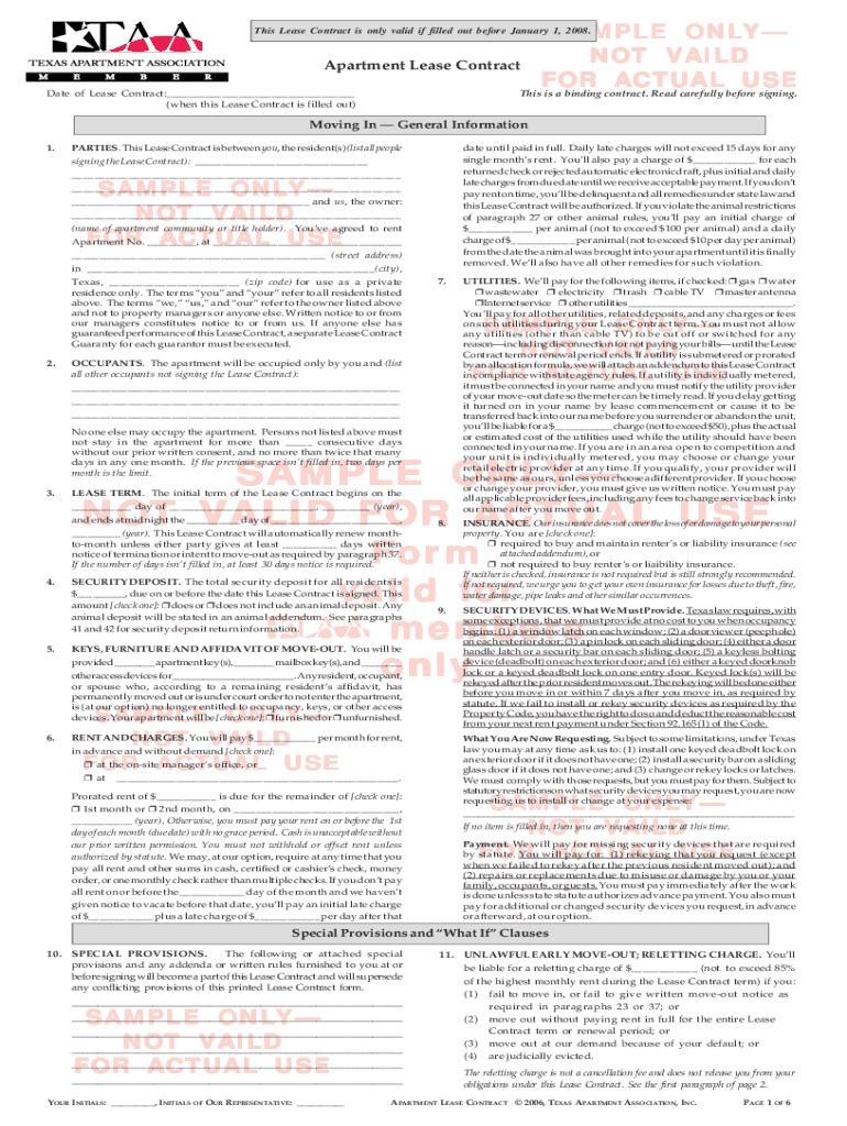 Fillable Online taa leasing apartment contract for 2008 form Fax Email ...