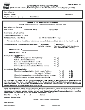 Fillable Online Form Date: April 29, 2014 CERTIFICATE OF INSURANCE ...
