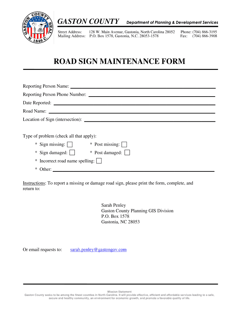 Fillable Online ROAD SIGN MAINTENANCE FORM Fax Email Print - pdfFiller