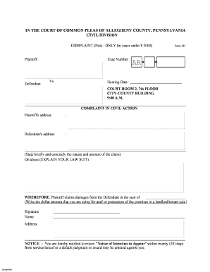 Fillable Online alleghenycounty Complaint in Civil Action (ONLY for ...