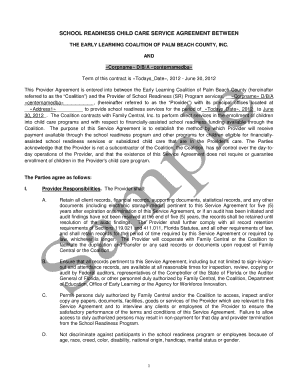 Fillable Online SCHOOL READINESS CHILD CARE SERVICE AGREEMENT BETWEEN ...