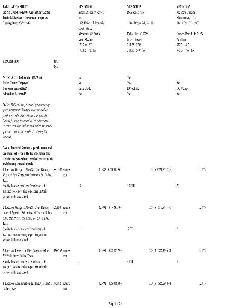 Fillable Online dallascounty TABULATION SHEET VENDOR 1 VENDOR 2 VENDOR 3 Bid No 2009 Fax Email ...