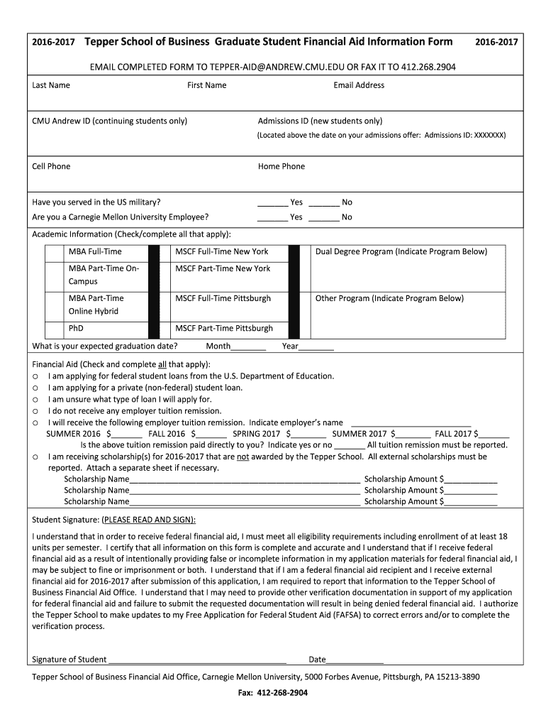 Fillable Online 2016-2017 Tepper School of Business Graduate Student ...