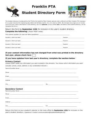 Fillable Online The student directory is produced by the PTA for the ...