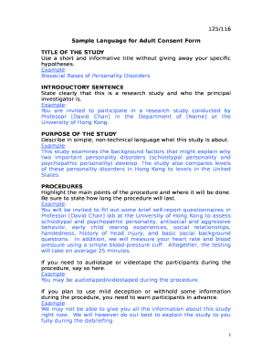 Sample Language for Adult Consent Doc Template | pdfFiller
