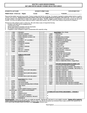 Fillable Online 2017-2018 NINTH GRADE COURSE SELECTION SHEET Fax Email ...