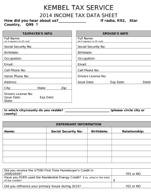 2014 INCOME TAX DATA SHEET Doc Template | pdfFiller