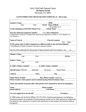 Fillable Online FAITH FORMATION REGISTRATION FORM (Pre-K - 8th Grade ...
