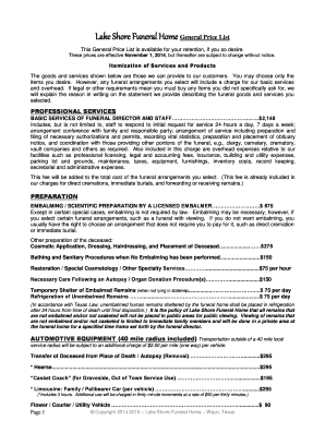 Fillable Online Lake Shore Funeral Home General Price List Fax Email ...