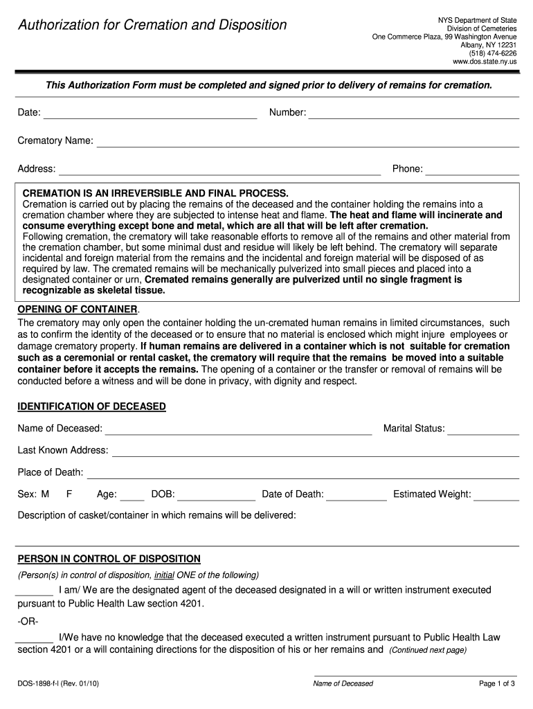 Fillable Online Cremation is carried out by placing the remains of the ...