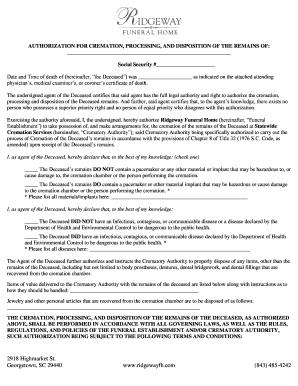 Fillable Online AUTHORIZATION FOR CREMATION, PROCESSING, AND ...