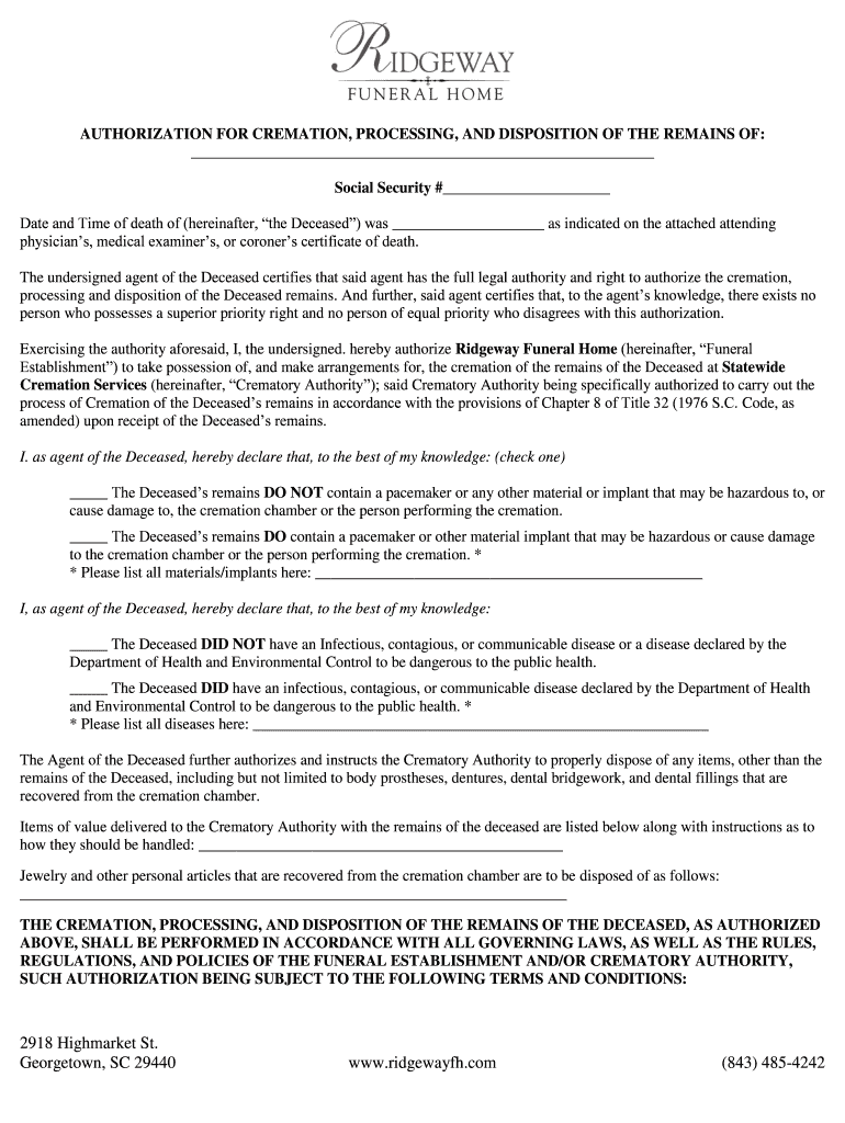 Fillable Online AUTHORIZATION FOR CREMATION, PROCESSING, AND ...