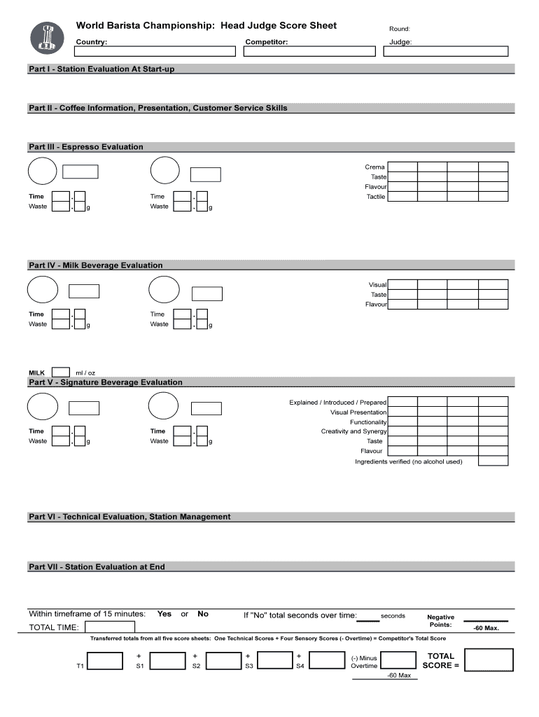 Fillable Online World Barista Championship: Head Judge Score Sheet Fax ...