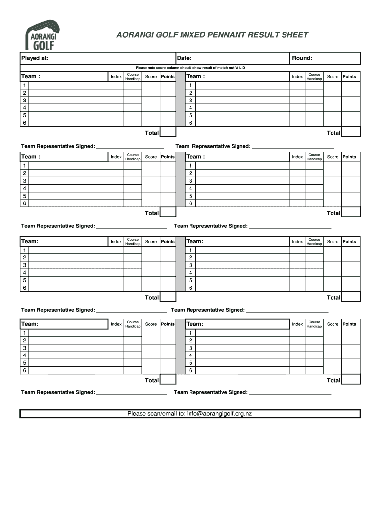 Fillable Online AORANGI GOLF MIXED PENNANT RESULT SHEET Fax Email Print ...