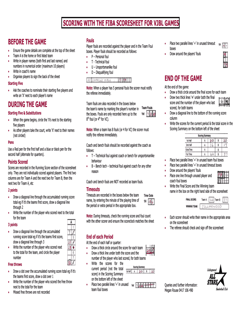 Fillable Online SCORING WITH THE FIBA SCORESHEET FOR VJBL GAMES Fax ...