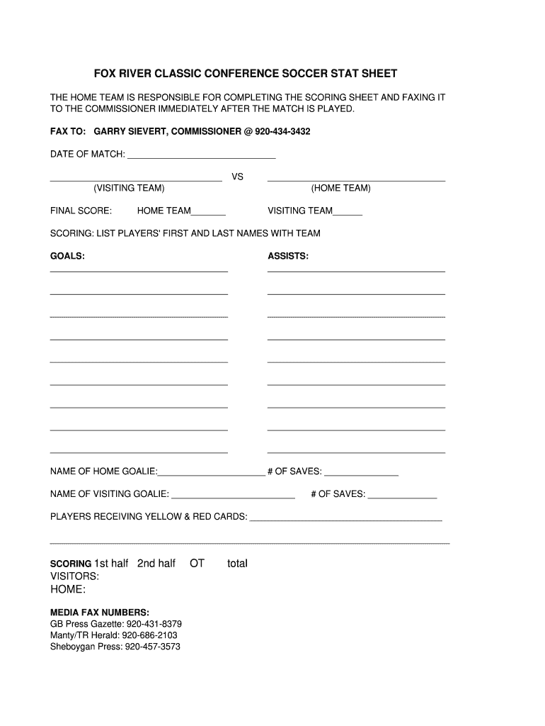 Fillable Online FOX RIVER CLASSIC CONFERENCE SOCCER STAT SHEET Fax ...