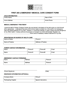 Fillable Online FIRST AID & EMERGENCY MEDICAL CARE CONSENT FORM Fax ...