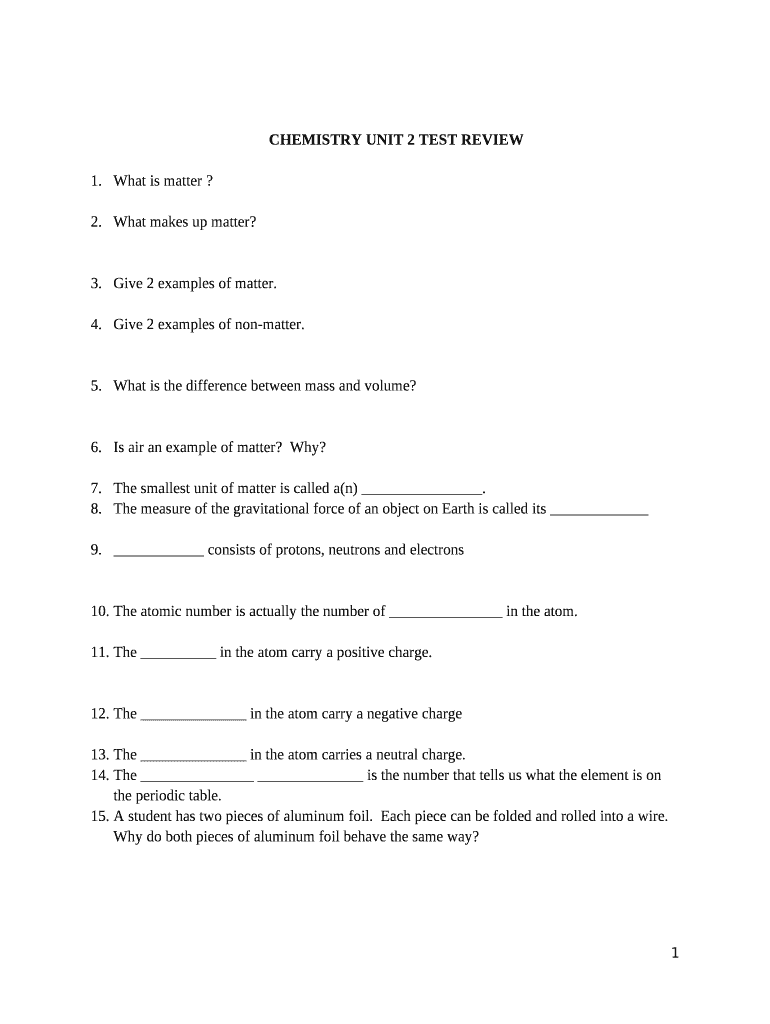 CHEMISTRY UNIT 2 TEST REVIEW Doc Template | pdfFiller