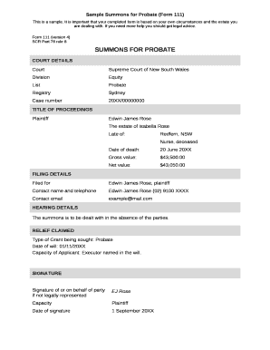 Sample Summons for Probate ( 111) Doc Template | pdfFiller