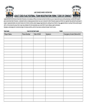 Fillable Online ADULT COED FLAG FOOTBALL TEAM REGISTRATION FORM / CODE ...