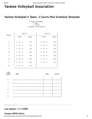 Fillable Online Yankee Volleyball 6 Team, 2 Courts Pool Schedule ...