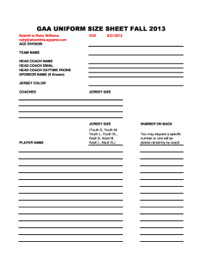 Fillable Online GAA UNIFORM SIZE SHEET FALL 2013 Fax Email Print ...
