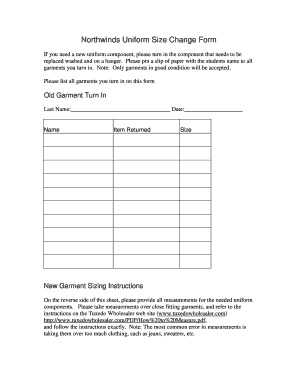 Fillable Online Northwinds Uniform Size Change Form Fax Email Print ...