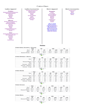 Fillable Online Misses Size Chart Standard Size Equivalents (inches ...