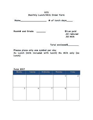 Fillable Online Monthly Lunch/Milk Order Form Fax Email Print - pdfFiller