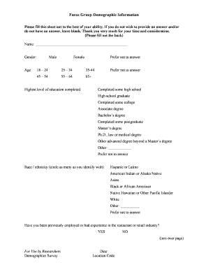 Fillable Online Focus Group Demographic Information Fax Email Print ...