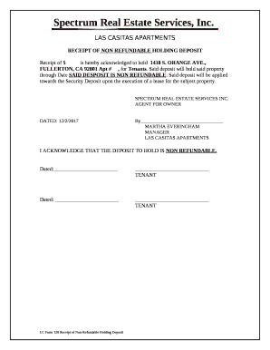 RECEIPT OF NON REFUNDABLE HOLDING DEPOSIT Doc Template | pdfFiller