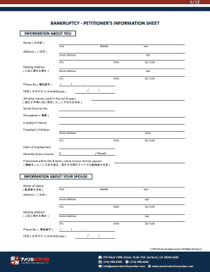 Fillable Online BANKRUPTCY - PETITIONER'S INFORMATION SHEET Fax Email Print - pdfFiller