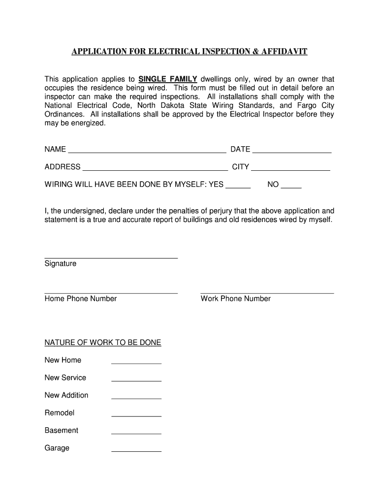 Fillable Online APPLICATION FOR ELECTRICAL INSPECTION & AFFIDAVIT Fax ...